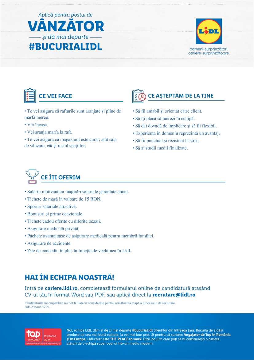Vanzator Bacau Str. Vadul Bistritei, nr. 15 (f/m), LIDL ROMANIA SRL ...
