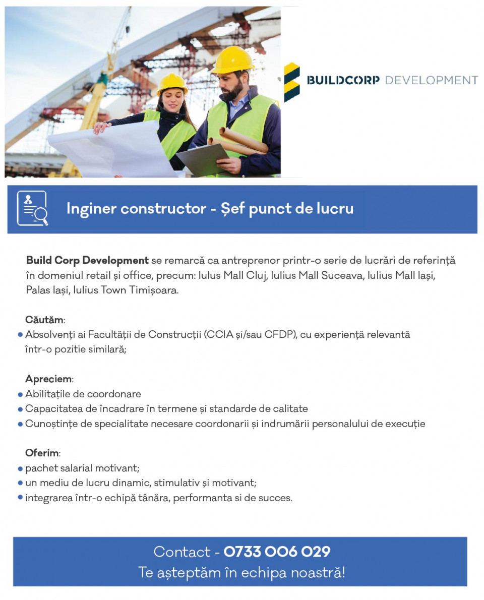 Inginer constructor – Sef punct de lucru Iasi, Build Corp Development ...